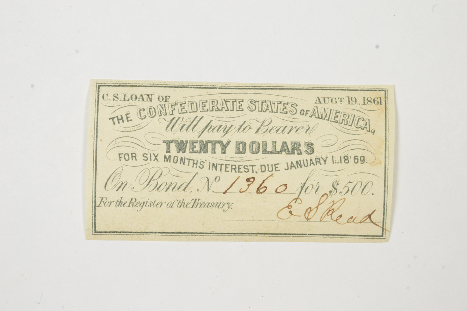 1861 $20 Confederate States of America - Authentic Civil War Bond Note ...