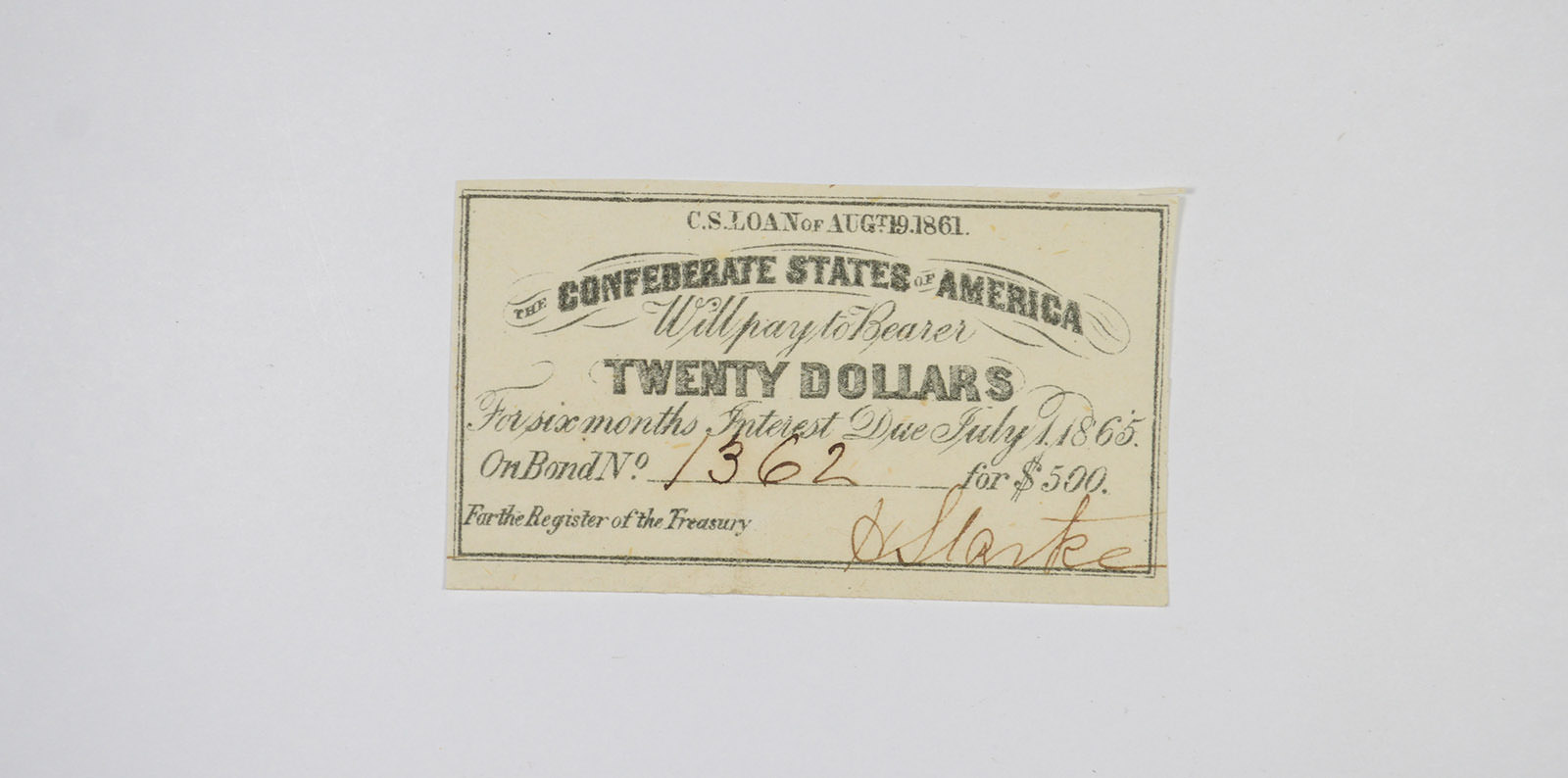 1861 $20 Confederate States of America - Authentic Civil War Bond Note ...