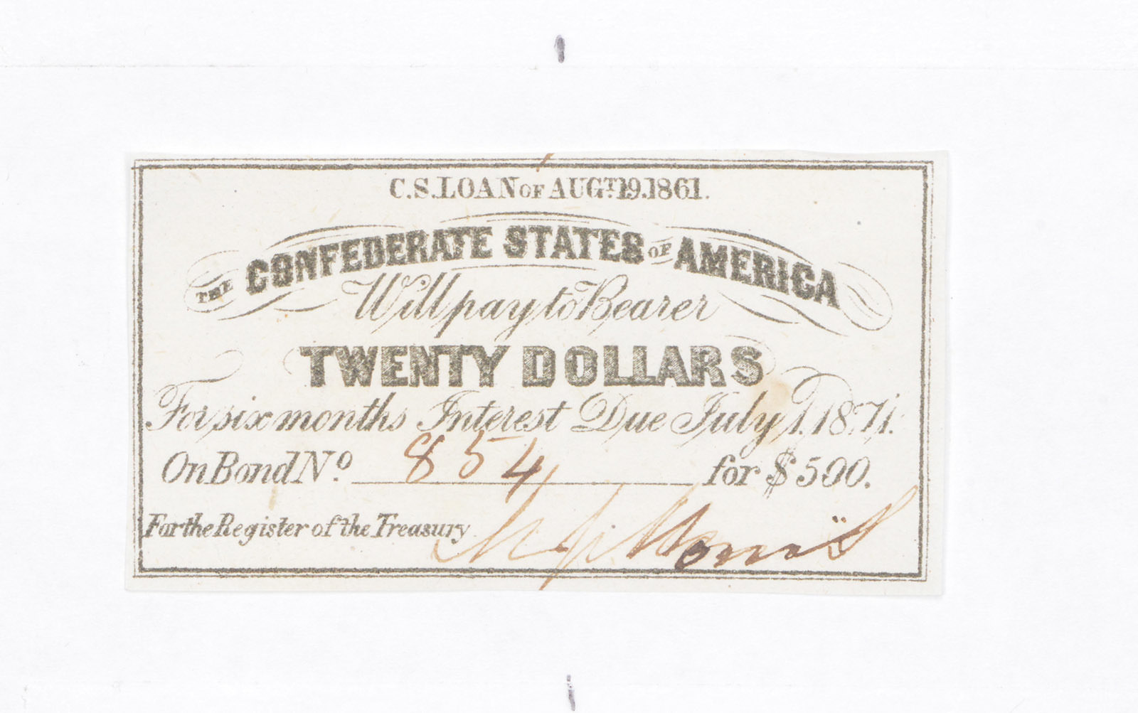 1861 $20 Confederate States of America - Authentic Civil War Bond Note ...