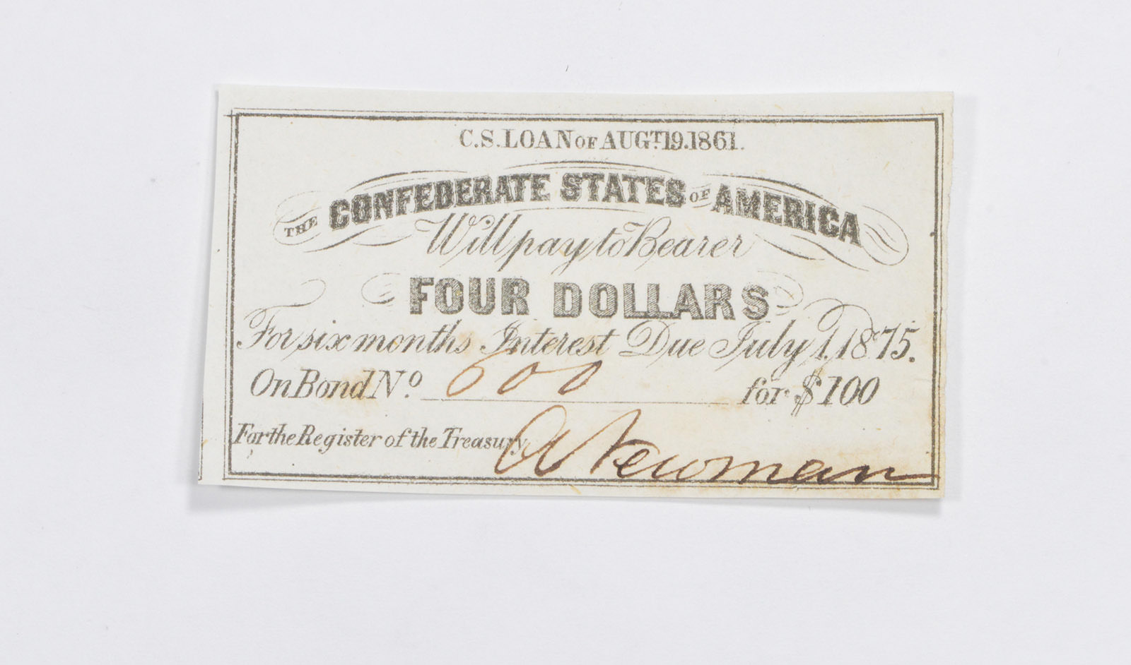 1861 $4 Confederate States of America - Authentic Civil War Bond Note ...