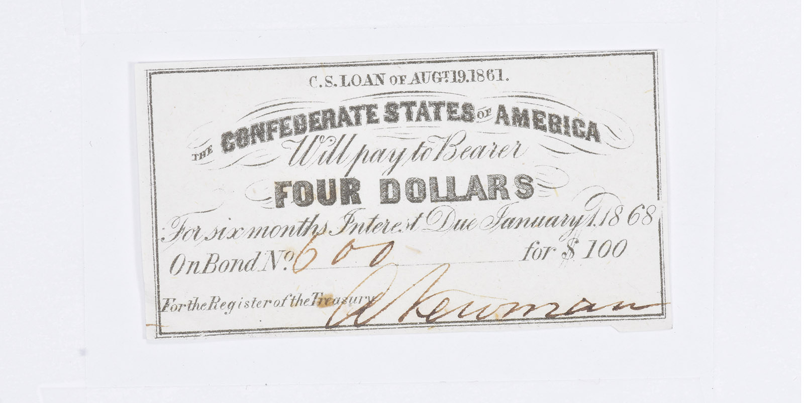 1861 $4 Confederate States of America - Authentic Civil War Bond Note ...