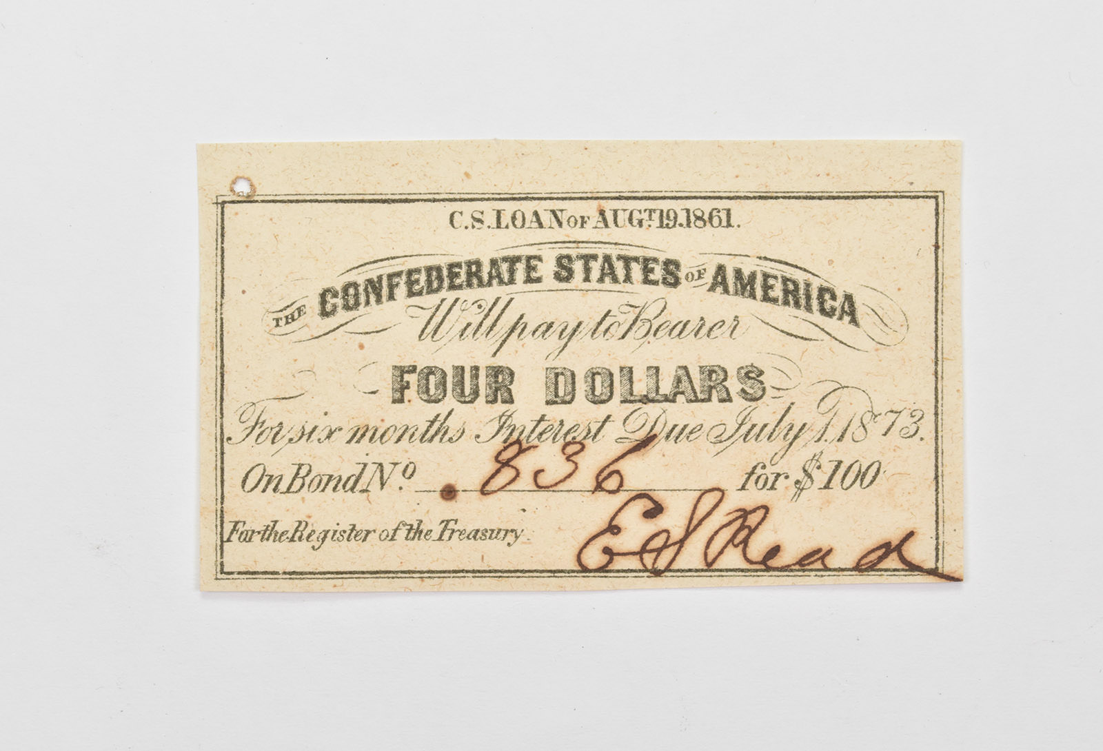 1861 $4 Confederate States of America - Authentic Civil War Bond Note ...