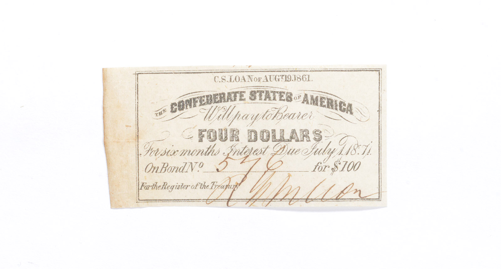 1861 $4 Confederate States of America - Authentic Civil War Bond Note ...
