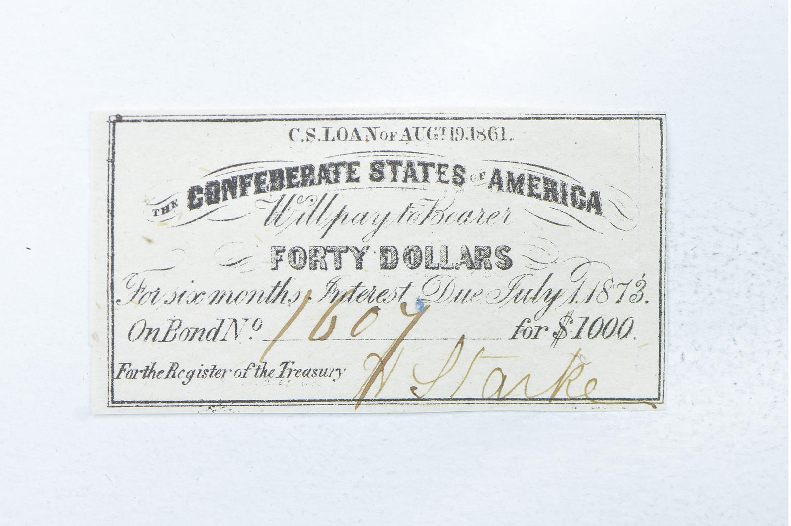 1861 $40 Confederate States of America - Authentic Civil War Bond Note ...