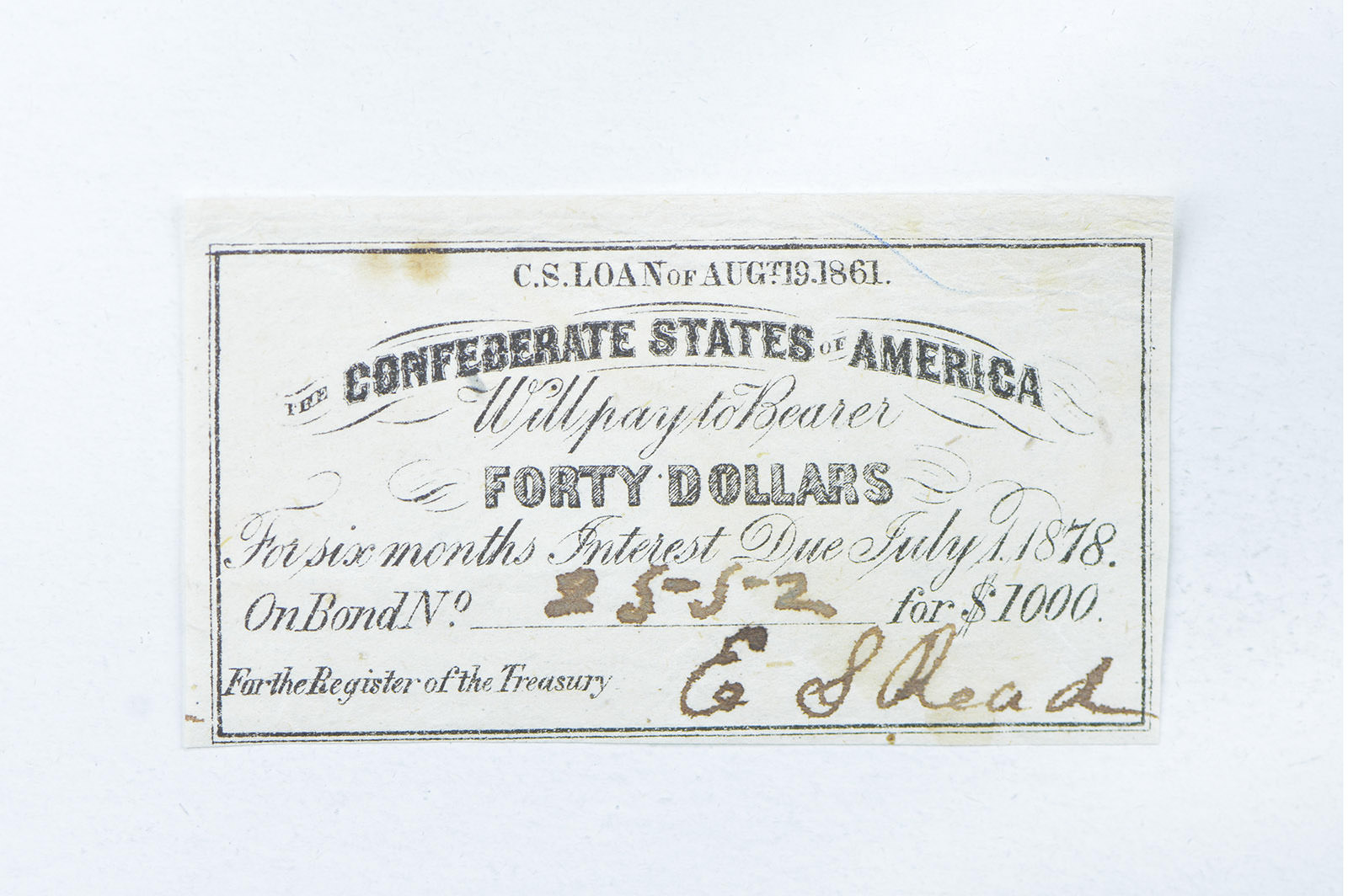 1861 $40 Confederate States of America - Authentic Civil War Bond Note ...