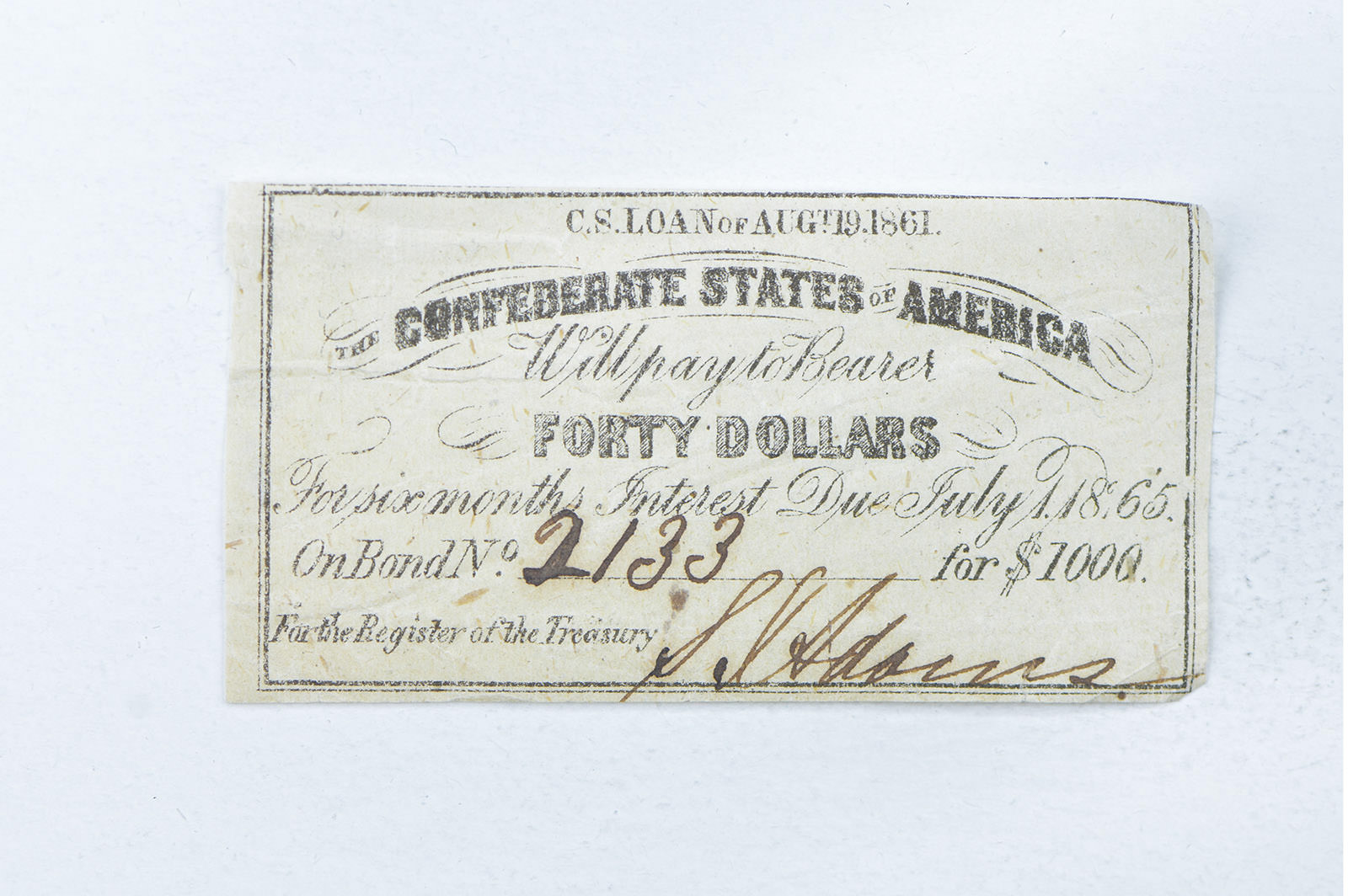1861 $40 Confederate States of America - Authentic Civil War Bond Note ...