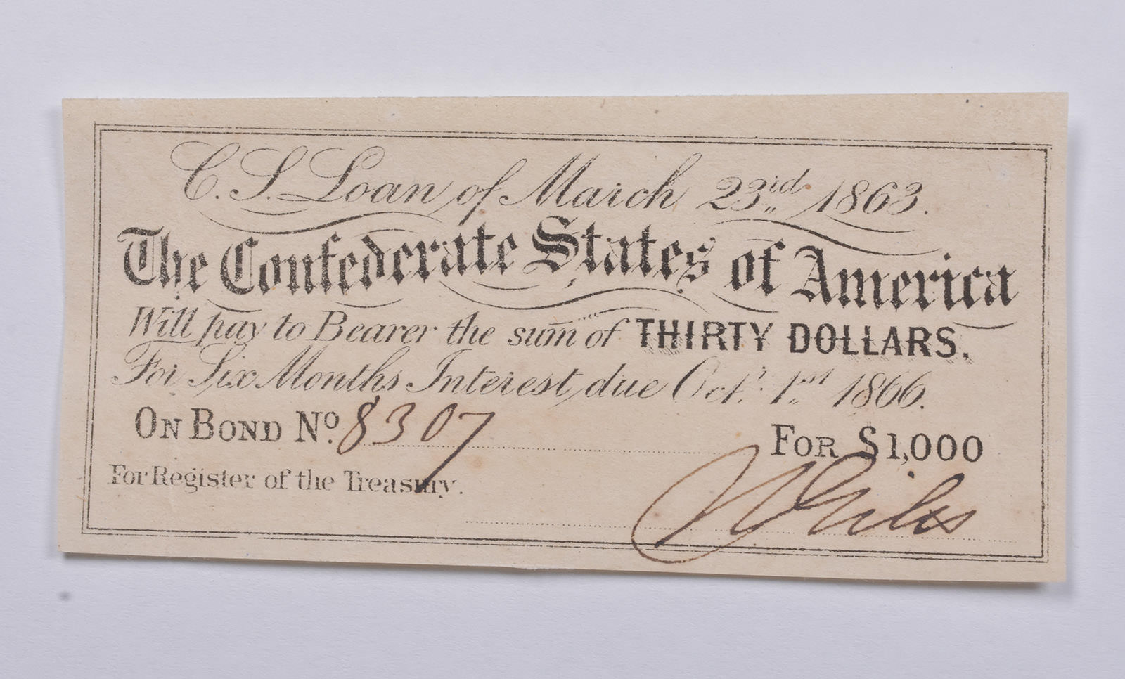 1863 $30 Confederate States of America - Authentic Civil War Bond Note ...