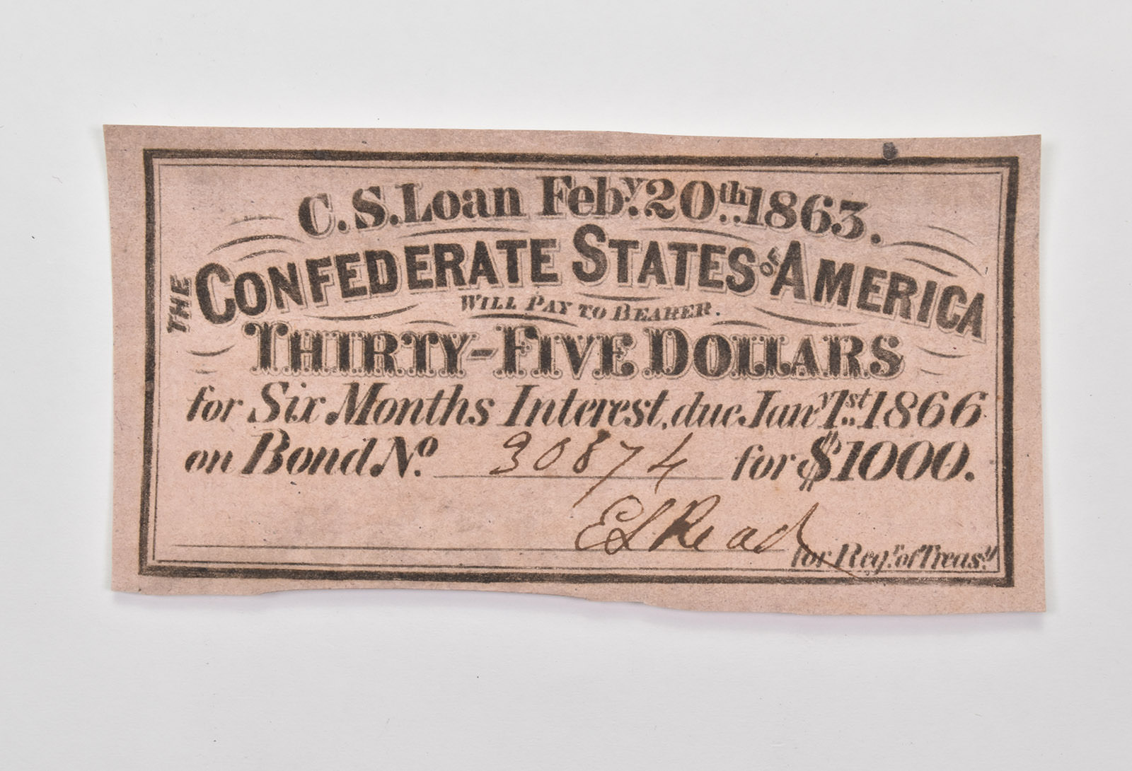 1863 $35 Confederate States of America - Authentic Civil War Bond Note ...