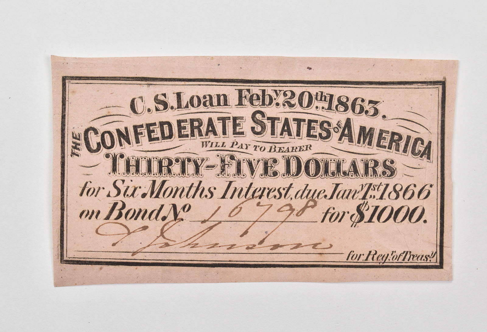 1863 $35 Confederate States of America - Authentic Civil War Bond Note ...