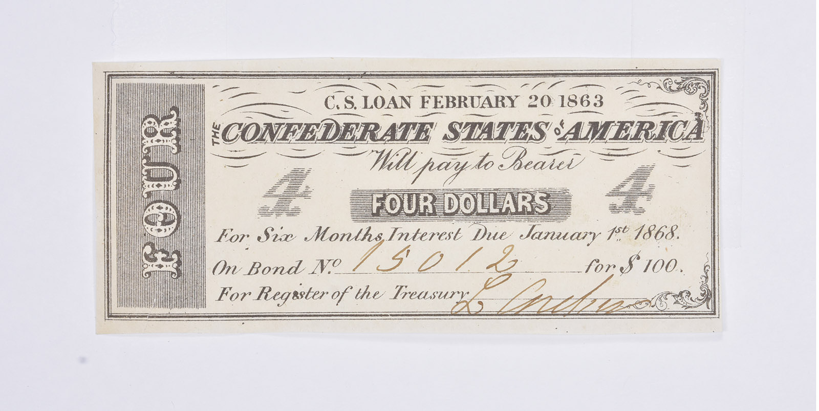 1863 $4 Confederate States of America - Authentic Civil War Bond Note ...