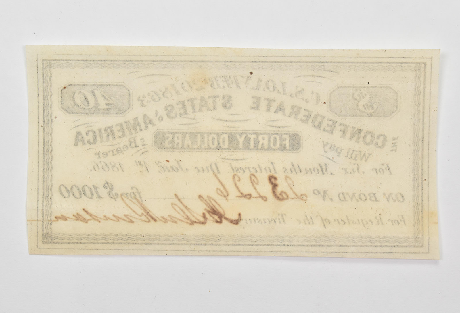 1863 $40 Confederate States of America - Authentic Civil War Bond Note ...