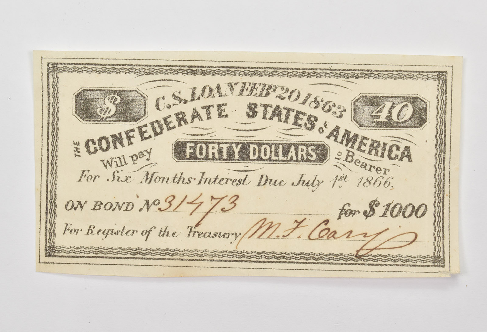 1863 $40 Confederate States of America - Authentic Civil War Bond Note ...