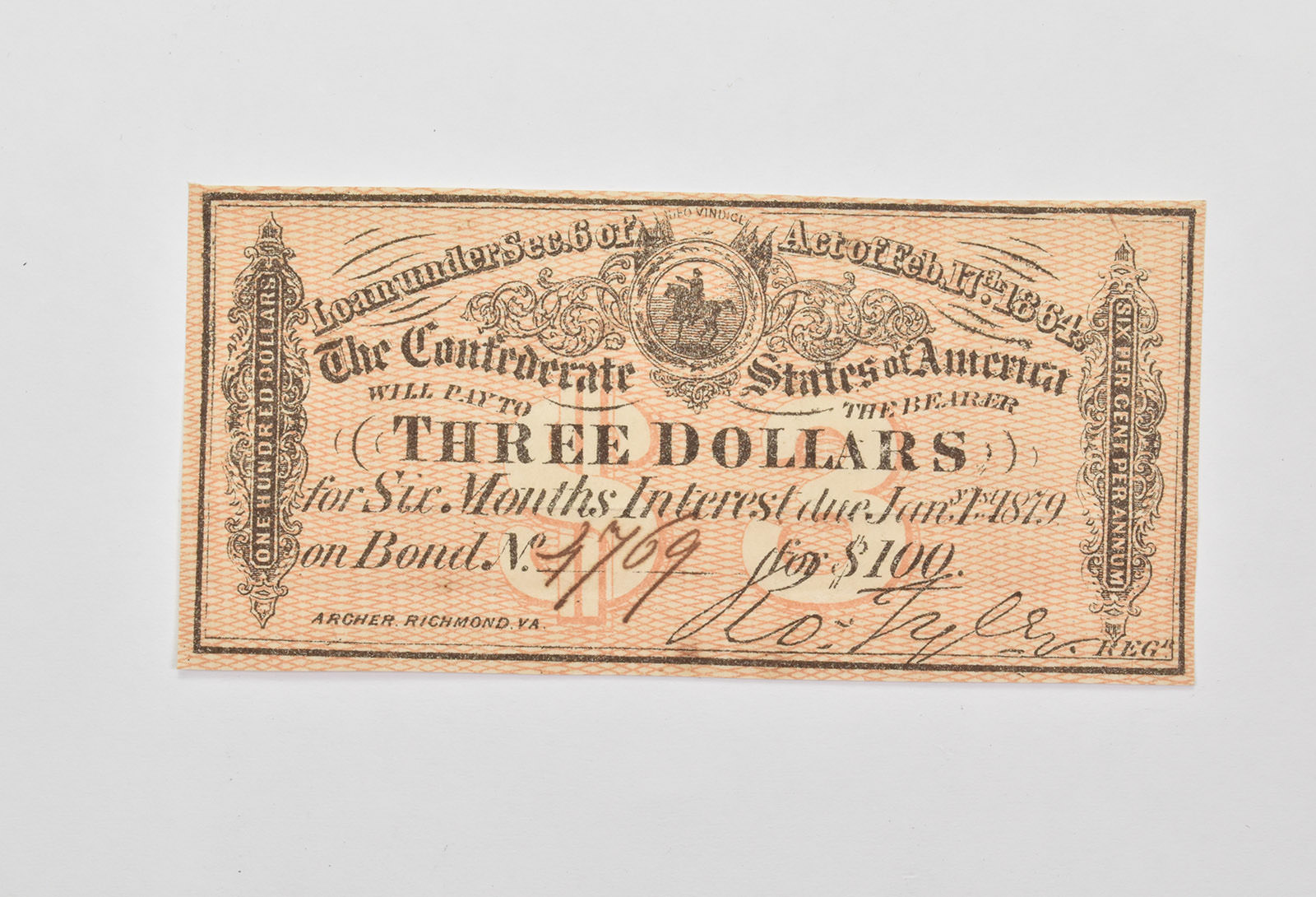 1864 $3 Confederate States of America - Authentic Civil War Bond Note ...