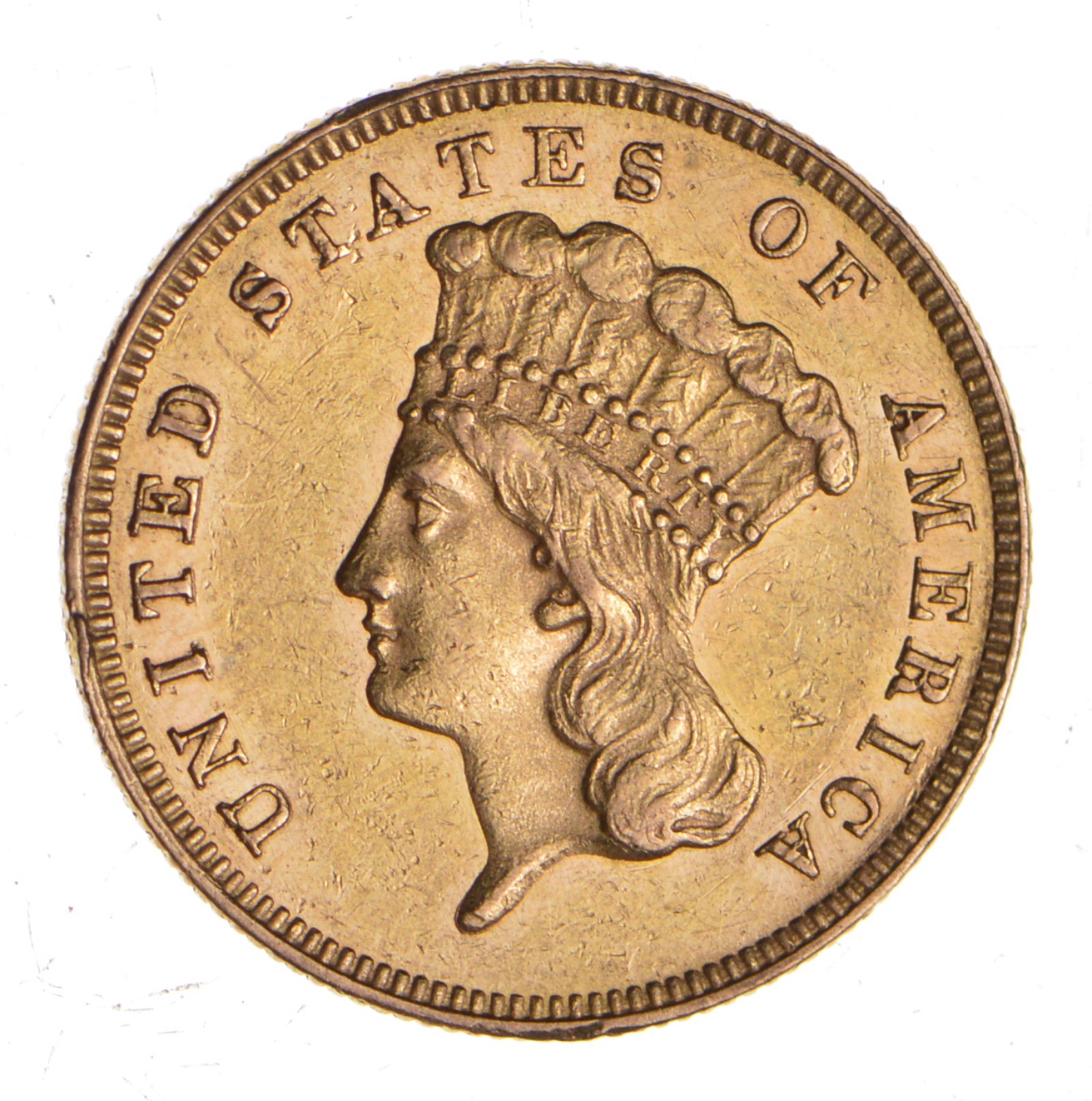 1867 $3.00 Indian Princess Head Three-Dollar Gold Piece - PL Surfaces ...