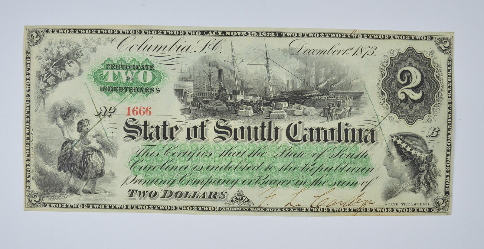 1873 $2.00 EARLY State of South Carolina Bank Note - Crisp | Property Room