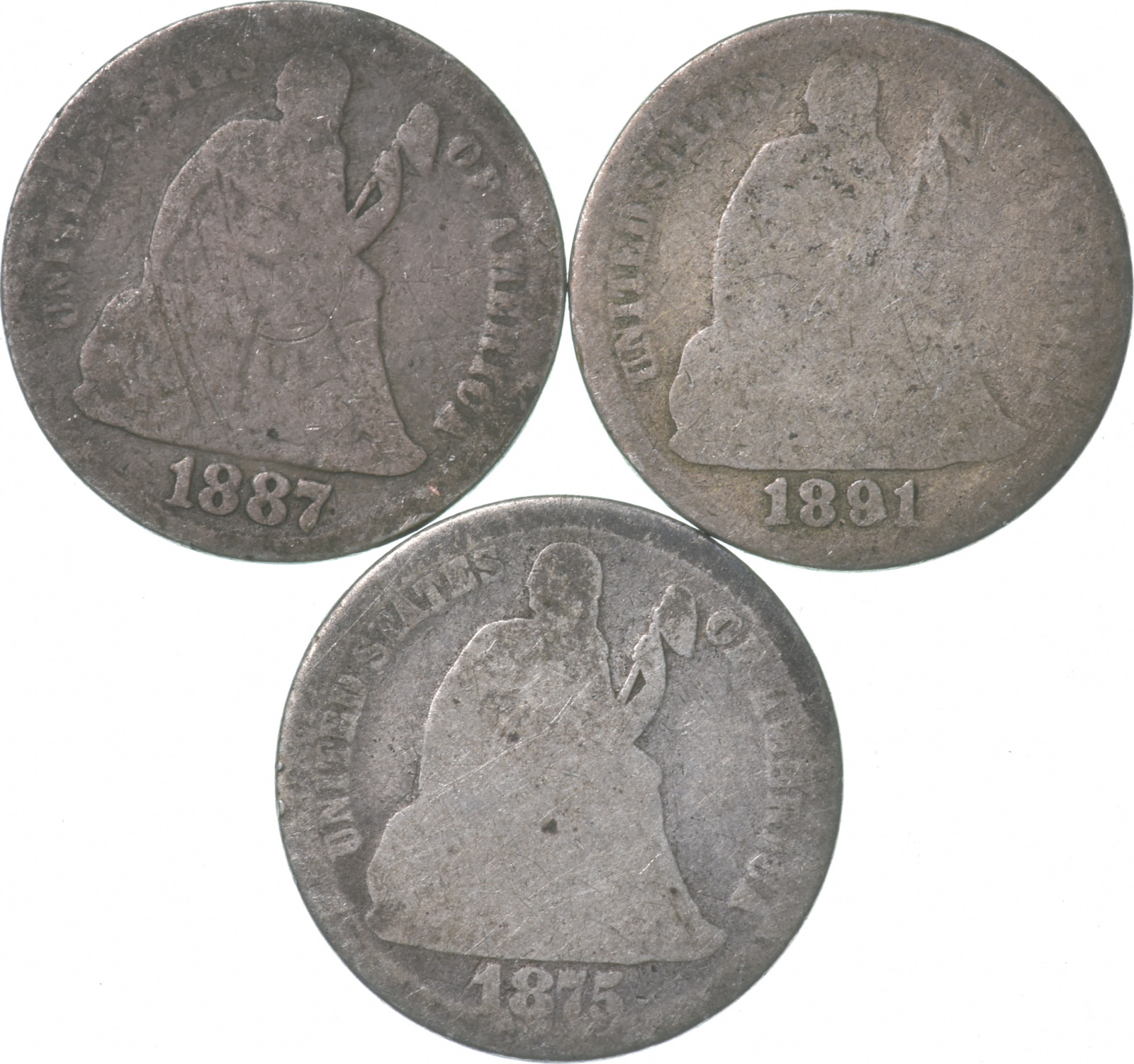 1887 1891 1875 Lot 3 Seated Liberty Dimes Collection | Property Room