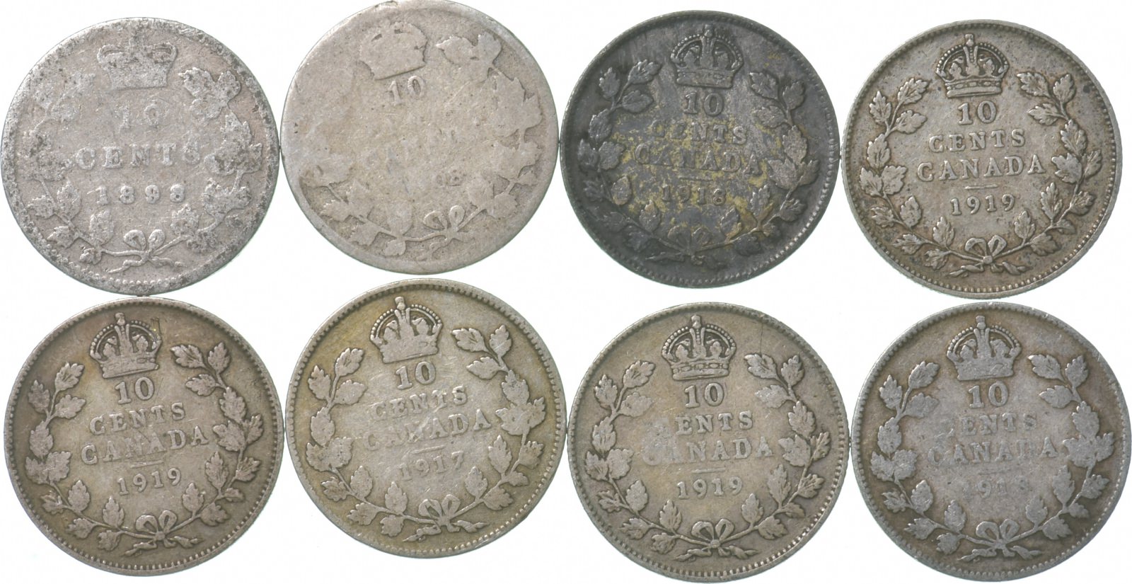 1898 1908 1918 1919 1919 1917 1919 1918 Dime Canada Silver Lot ...