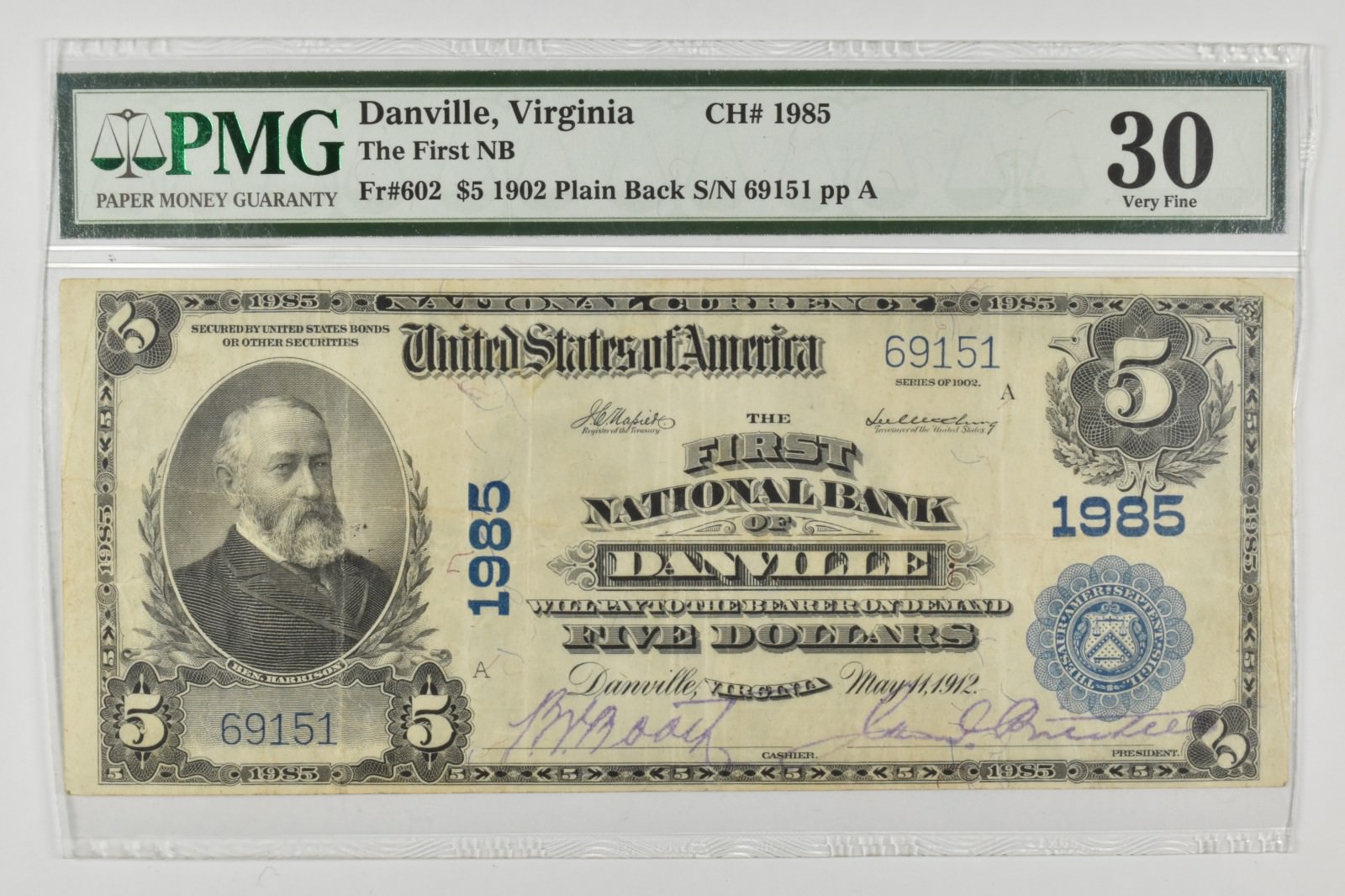 1902 $5 Danville, VA United States National Currency Large Note CH#1985 ...