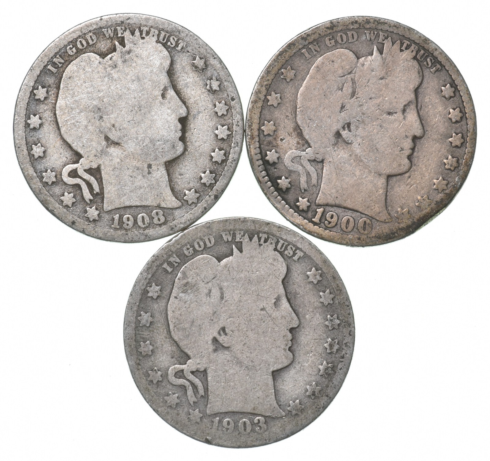 1908 1900-O 1903-O Barber Liberty Silver Quarter 3 Coin Lot Collection ...