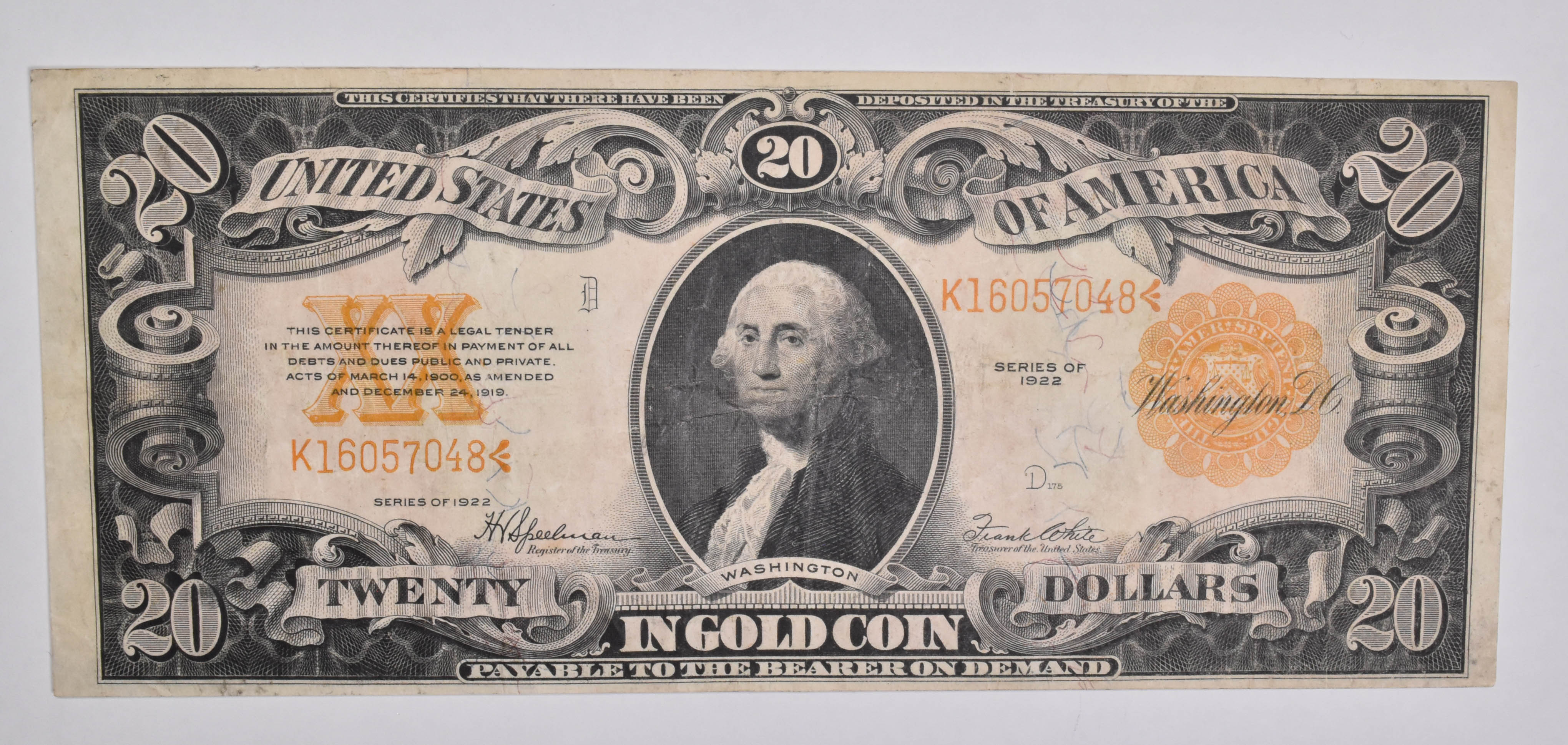 1922 $20 United States Gold Certificate Large Note Horse Blanket ...