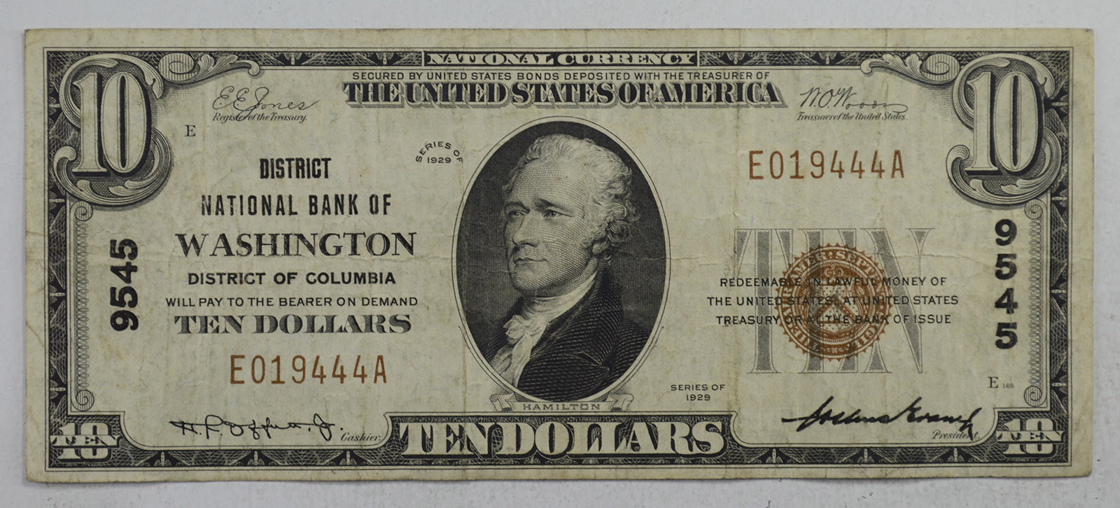 1929 $10 District National Bank of Washington DC National Currency Note ...