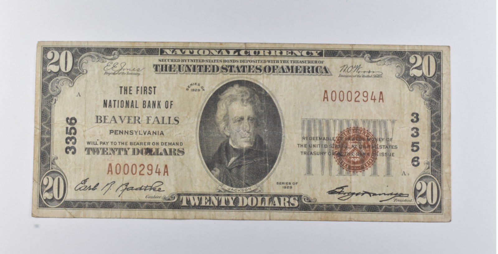 1929 $20 Beaver Falls, PA US National Currency Note 3356 | Property Room