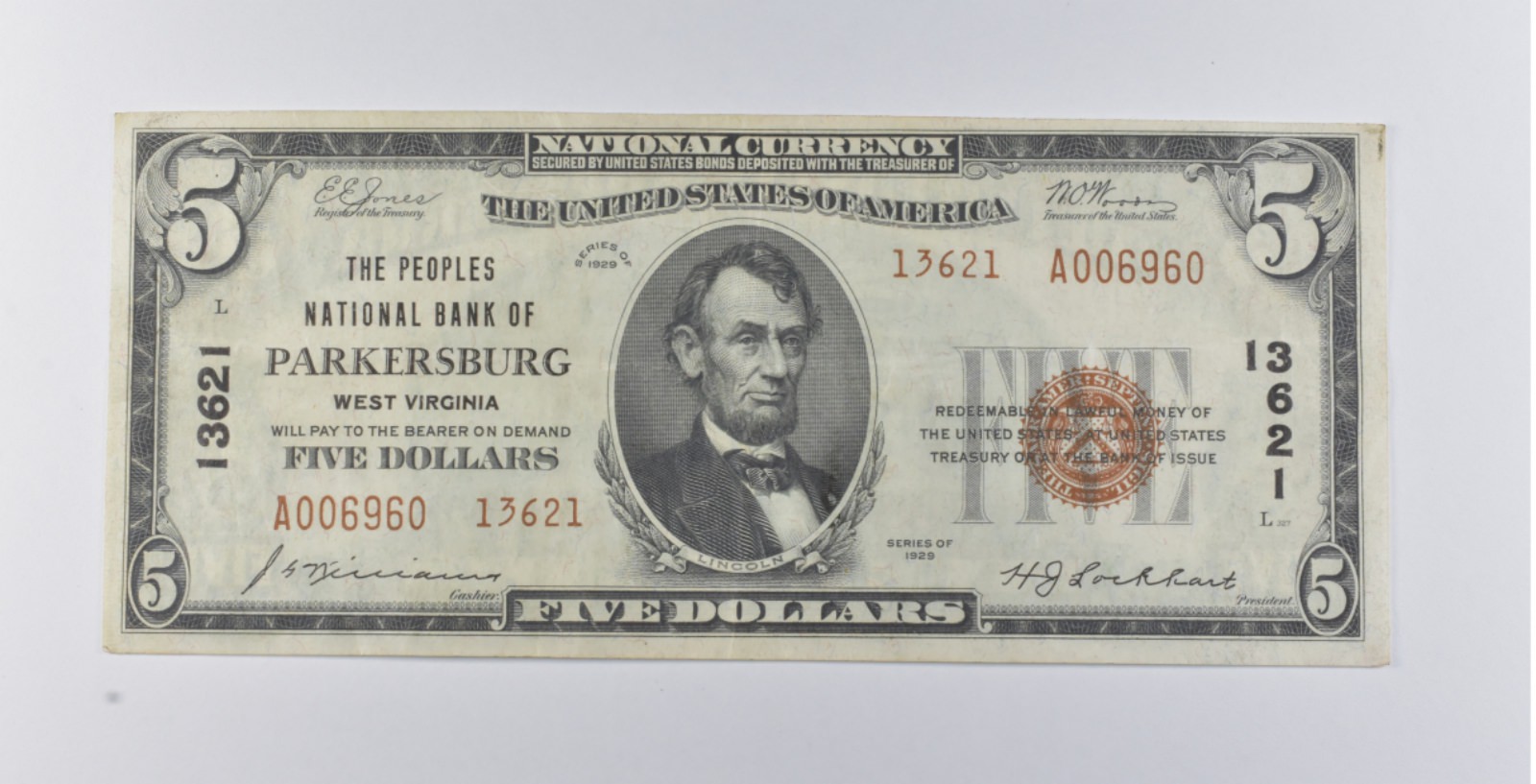 1929 $5 Parkersburg, WV US National Currency Note 13621 | Property Room