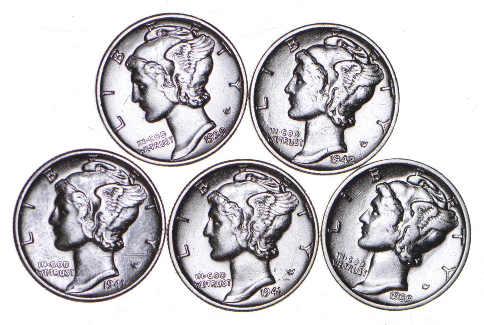 1930-1945 Lot (5) High Grade Mercury Silver Dimes Bullion Coin ...