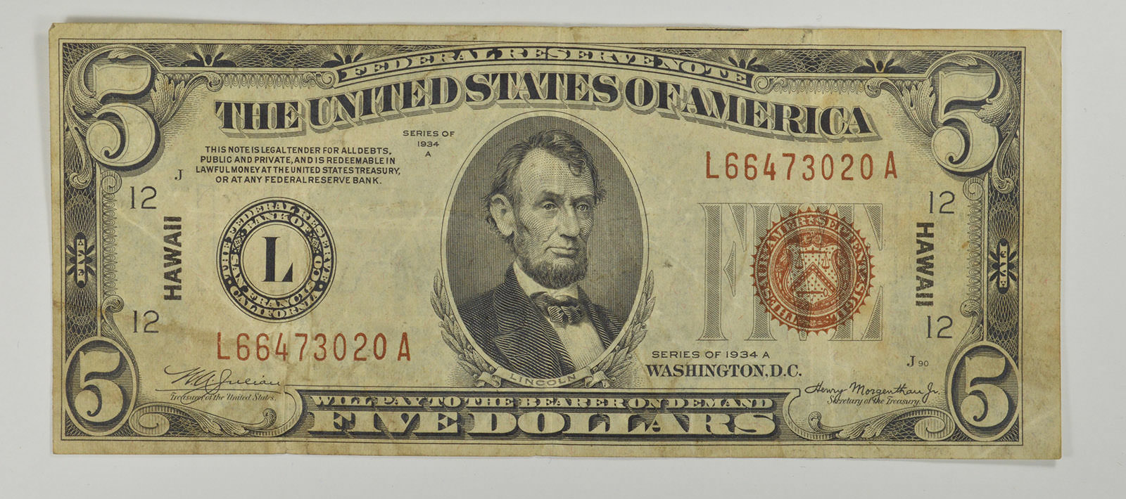 1934-A $5.00 Hawaii Emergency Federal Reserve Note Issued During WWII ...