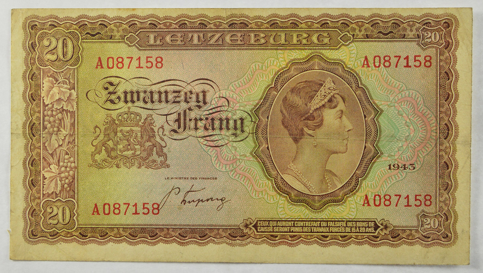 1943 Issue Letzeburg Zwanzeg Frang 20 Banknote Paper Money | Property Room