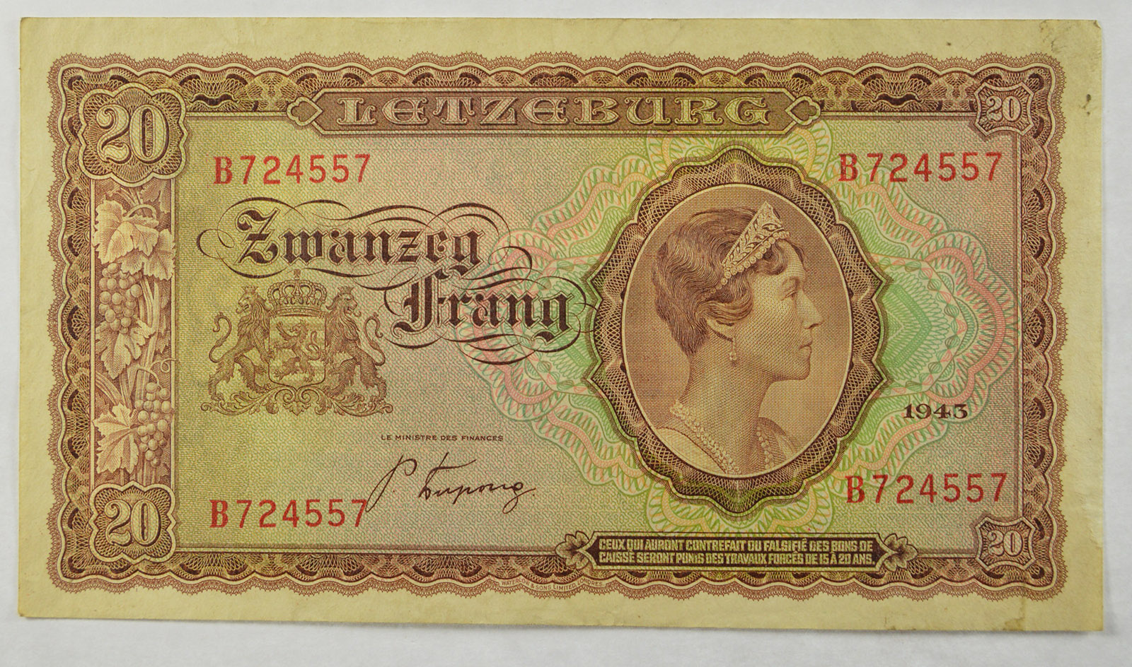 1943 Issue Letzeburg Zwanzeg Frang 20 Banknote Paper Money | Property Room