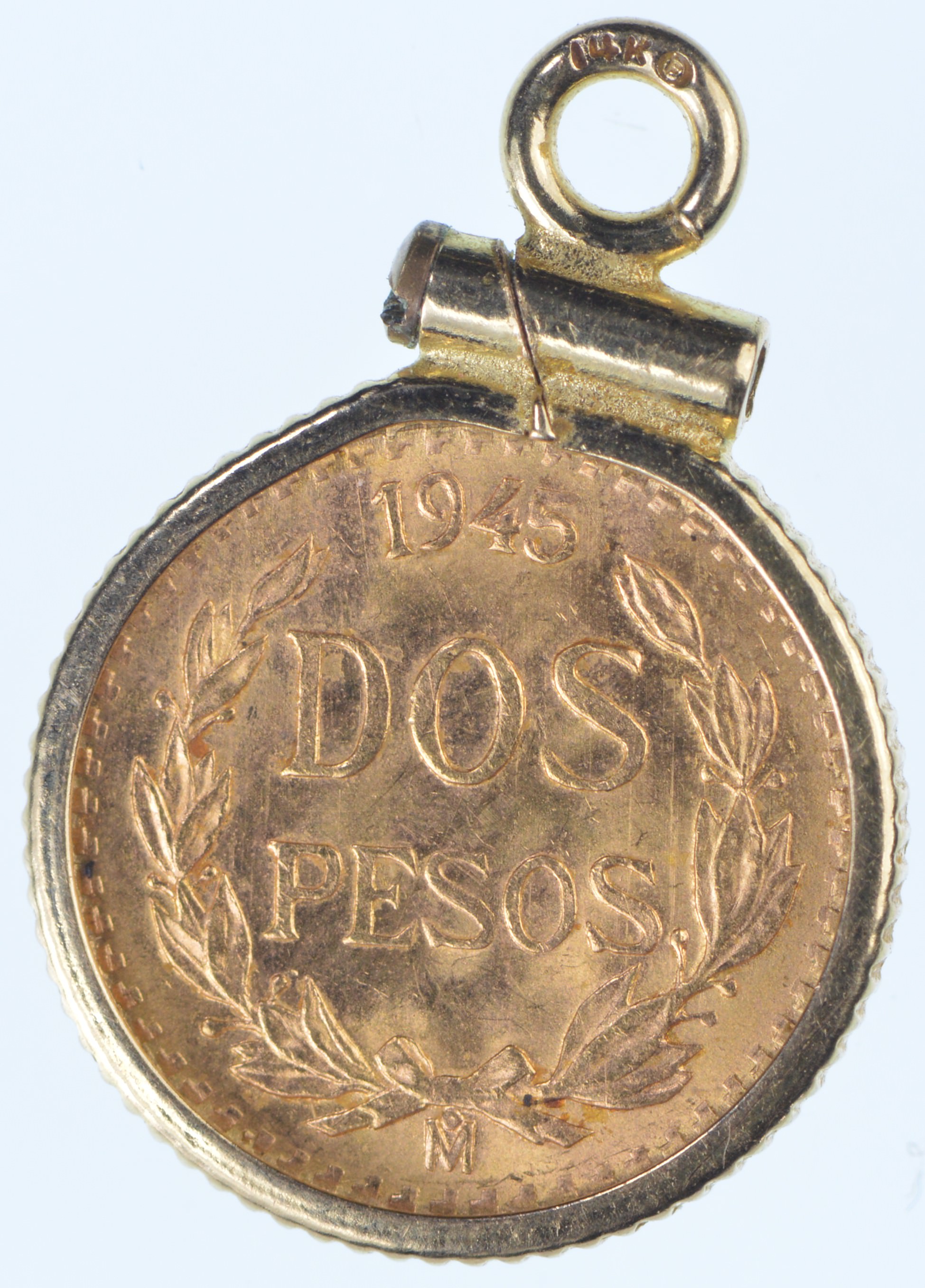 1945-M Mexico 2 Pesos Gold Coin in 14K Gold Pendant AGW .0482 oz | Property Room