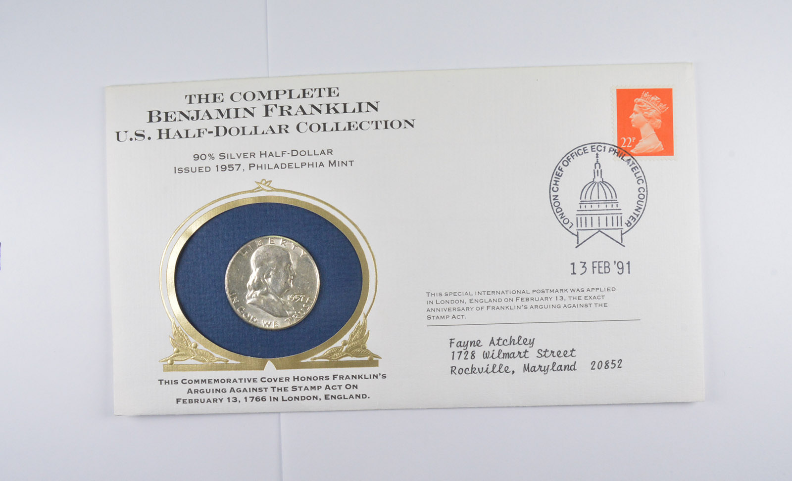 1957-P Franklin Half Dollar - 1991 Historic Stamp & Cover Collection ...