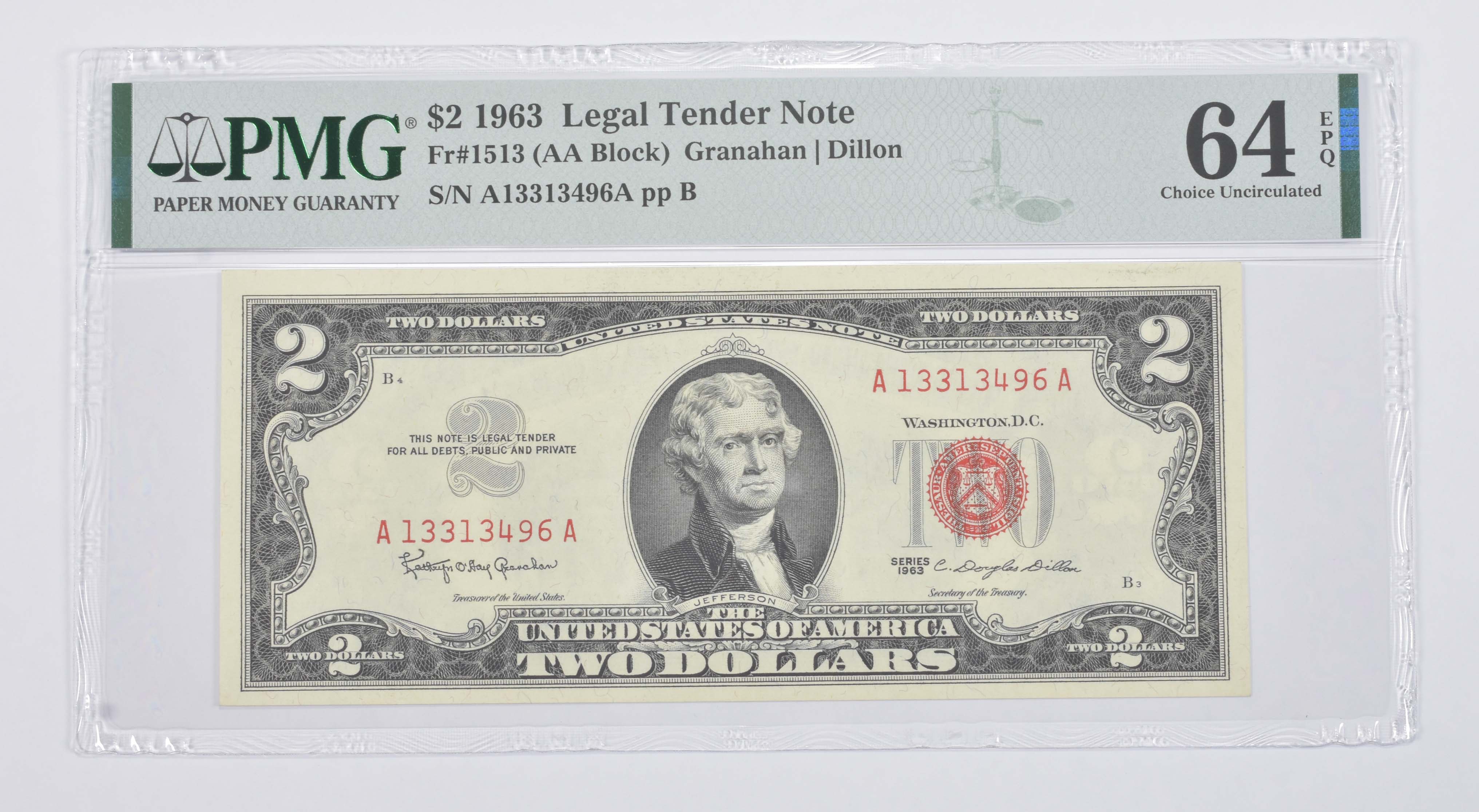 1963 $2 FR1513 (AA Block) Red Seal Graded PMG - 64 EPQ Legal Tender ...