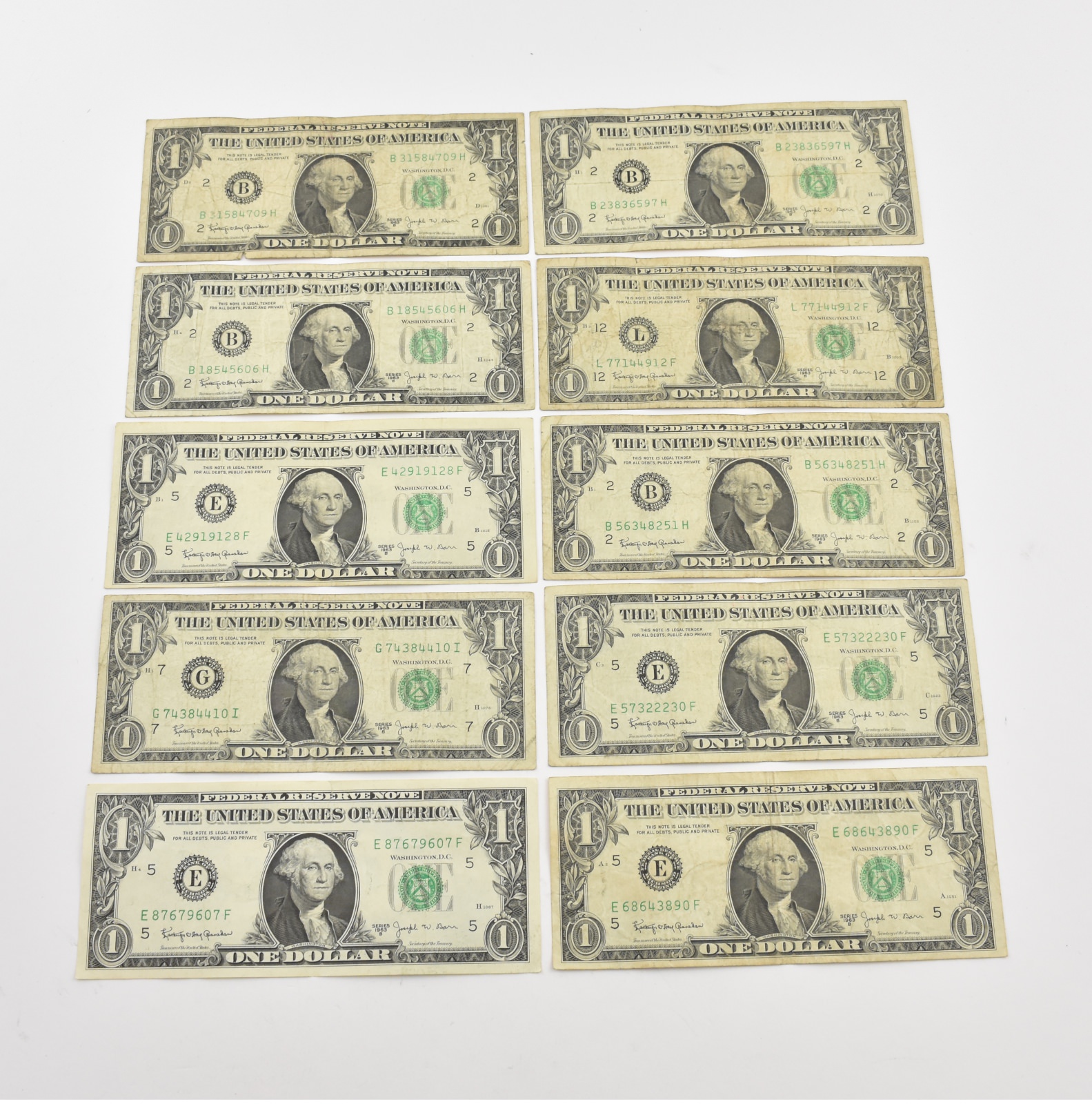 1963B $1 BARR Federal Reserve Notes Circulated Lot of 10 One Dollar ...