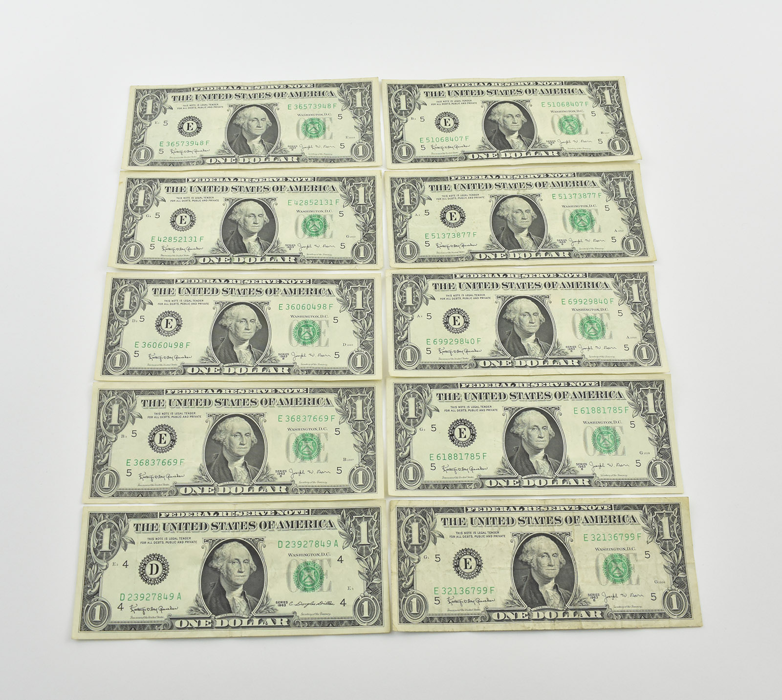 1963B $1 BARR Federal Reserve Notes Circulated Lot of 10 One Dollar ...