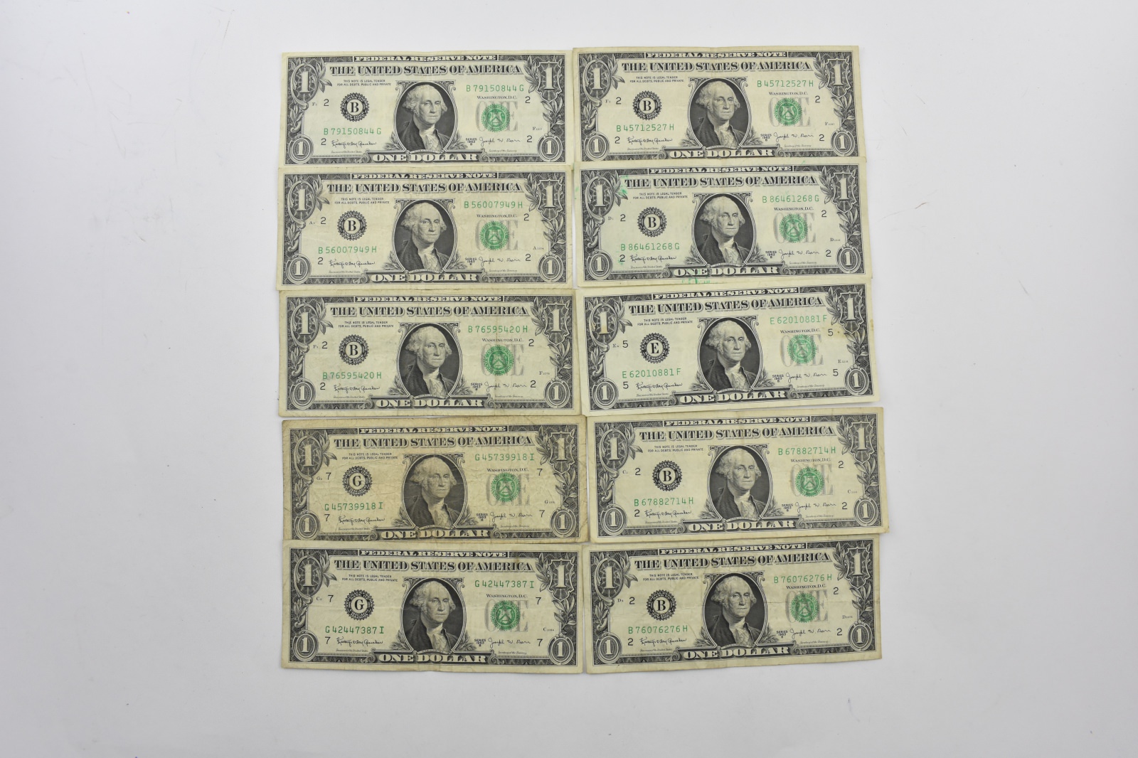1963B $1 BARR Federal Reserve Notes Circulated Lot of 10 One Dollar ...