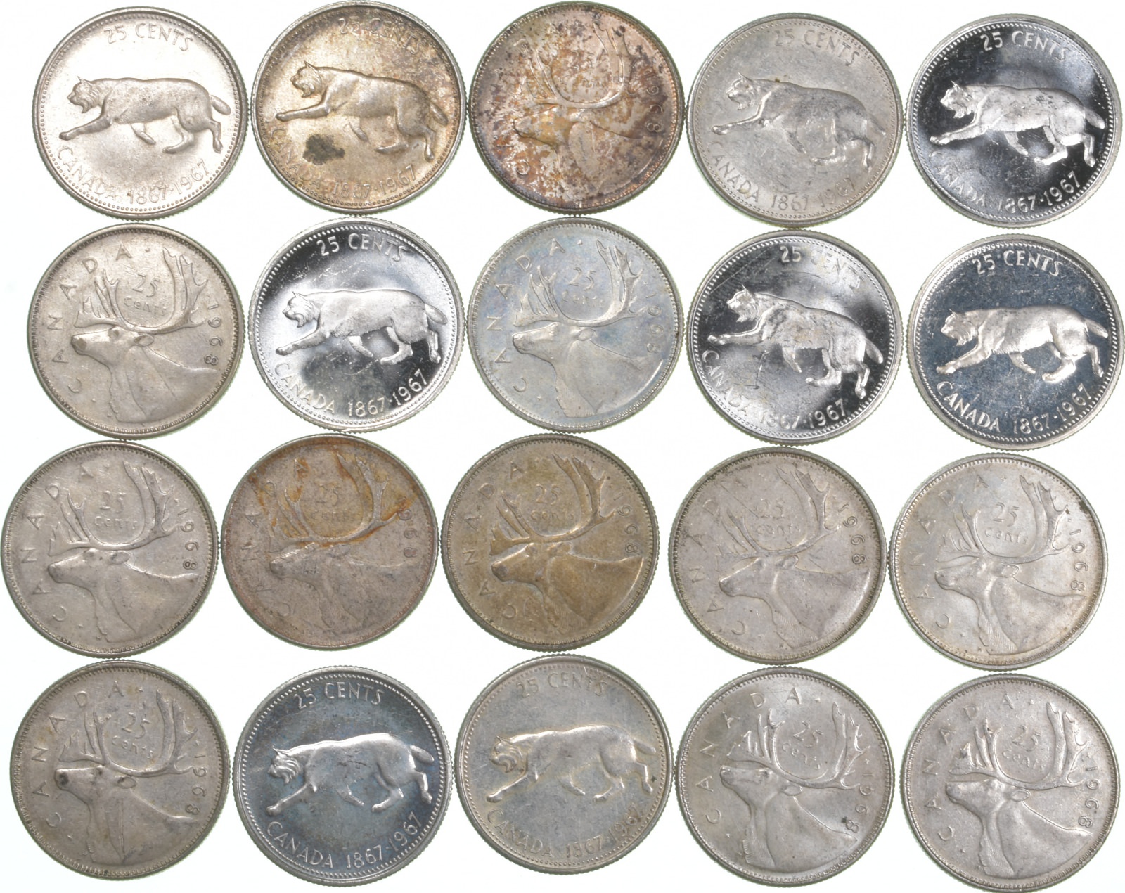 1967 & 1968 SILVER Canadian Canada Silver Quarters Lot $5 Face Dime ...