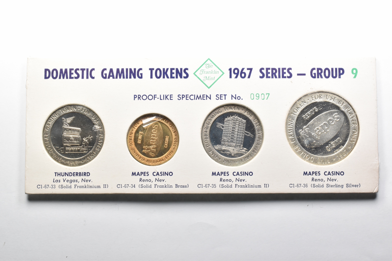 1967 Series Domestic Gaming Tokens Group 9 Proof Like Set Of 4 Specimen No 0907 | Property Room