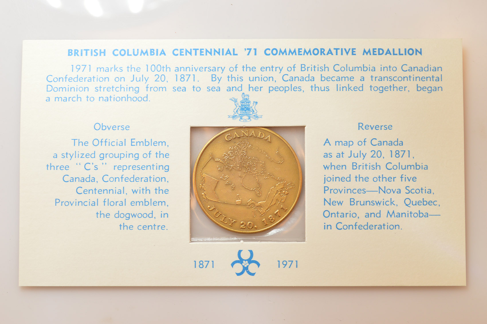1971 British Columbia Centennial Commemorative Medallion | Property Room