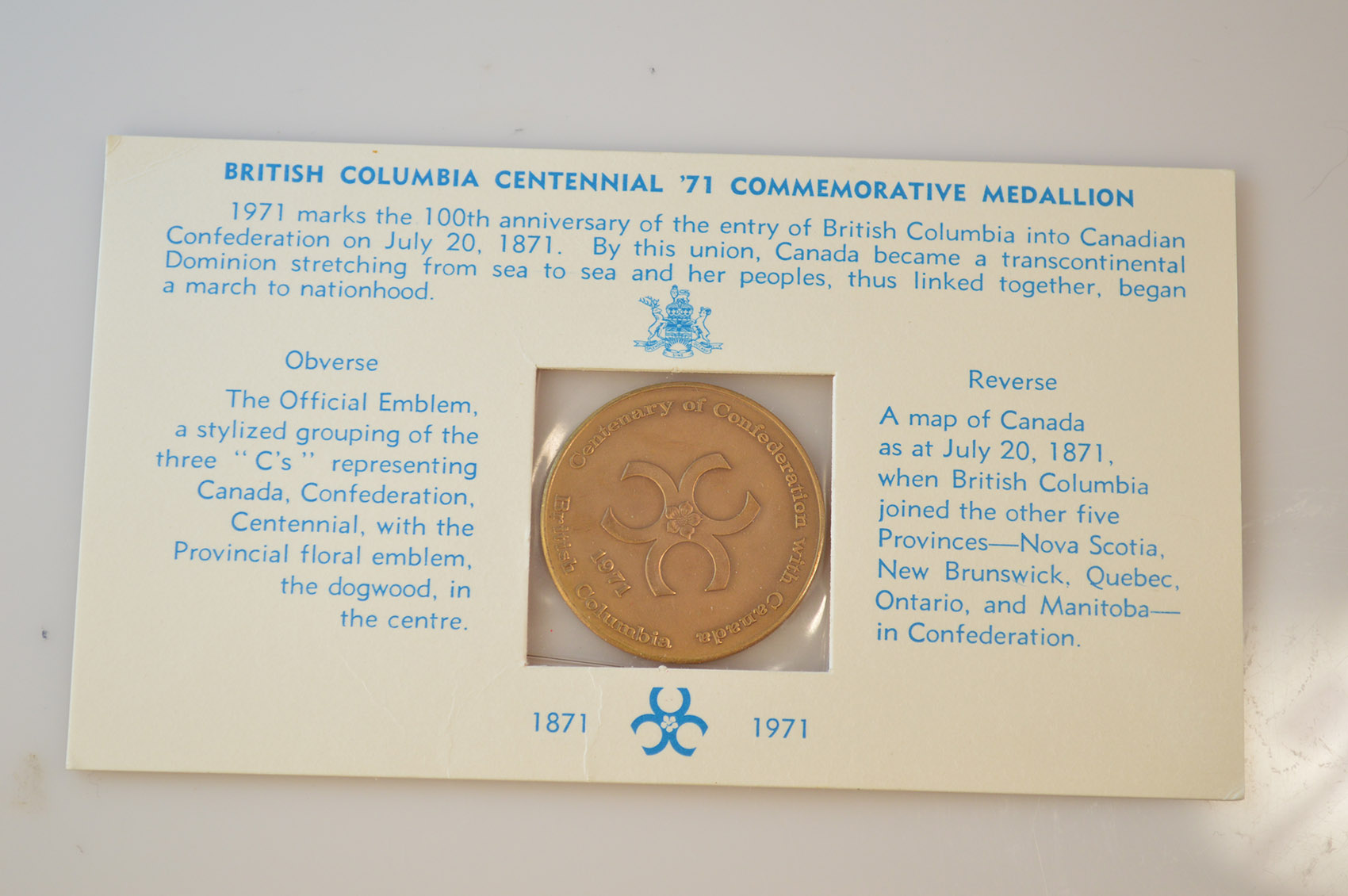 1971 British Columbia Centennial Commemorative Medallion | Property Room