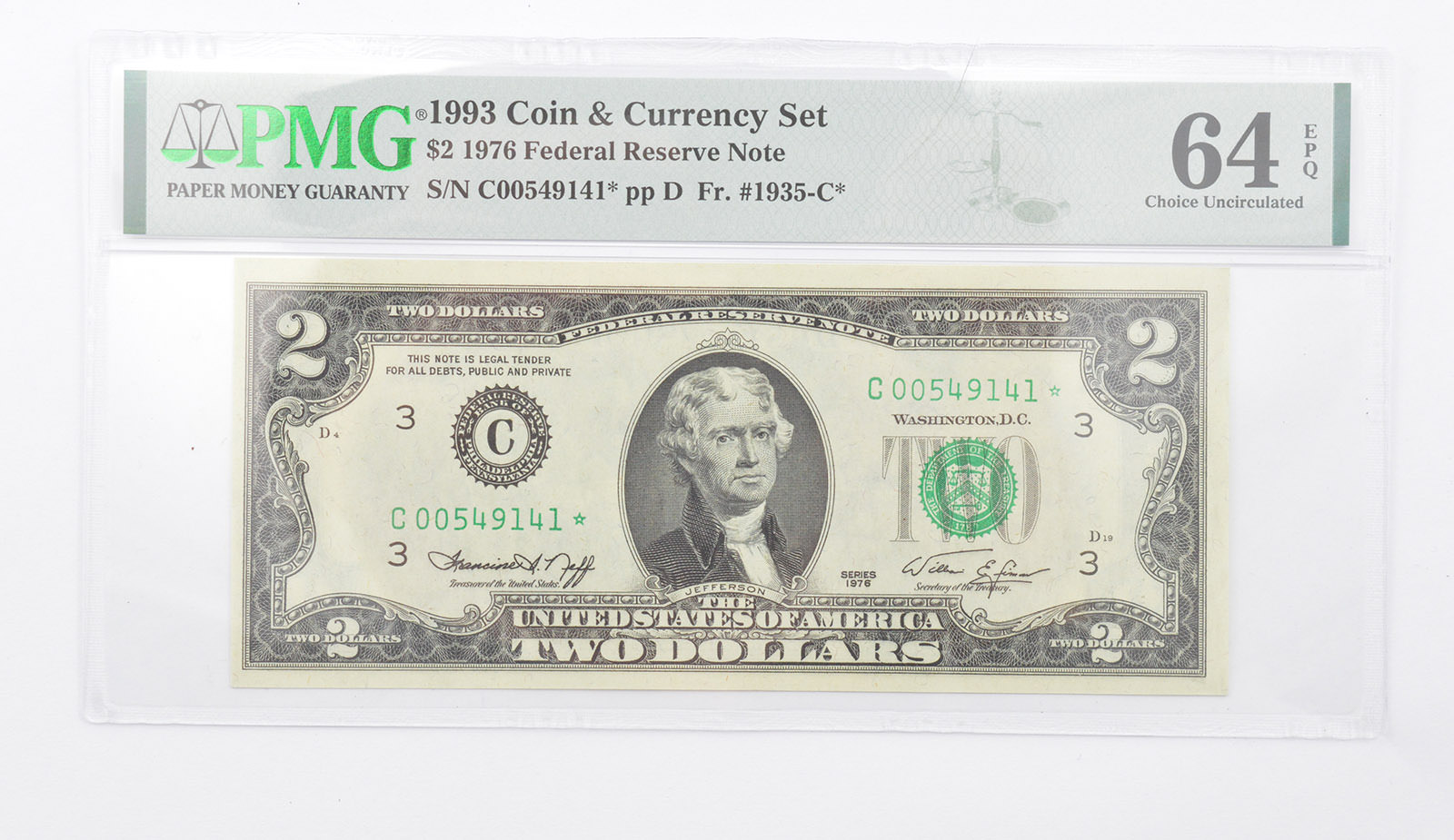 1976 $2 Federal Reserve Note FR# 1935-C* 1993 Coin & Currency Set PMG ...