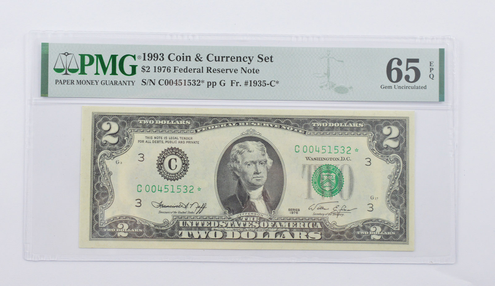 1976 $2 Federal Reserve Note FR# 1935-C* 1993 Coin & Currency Set PMG ...
