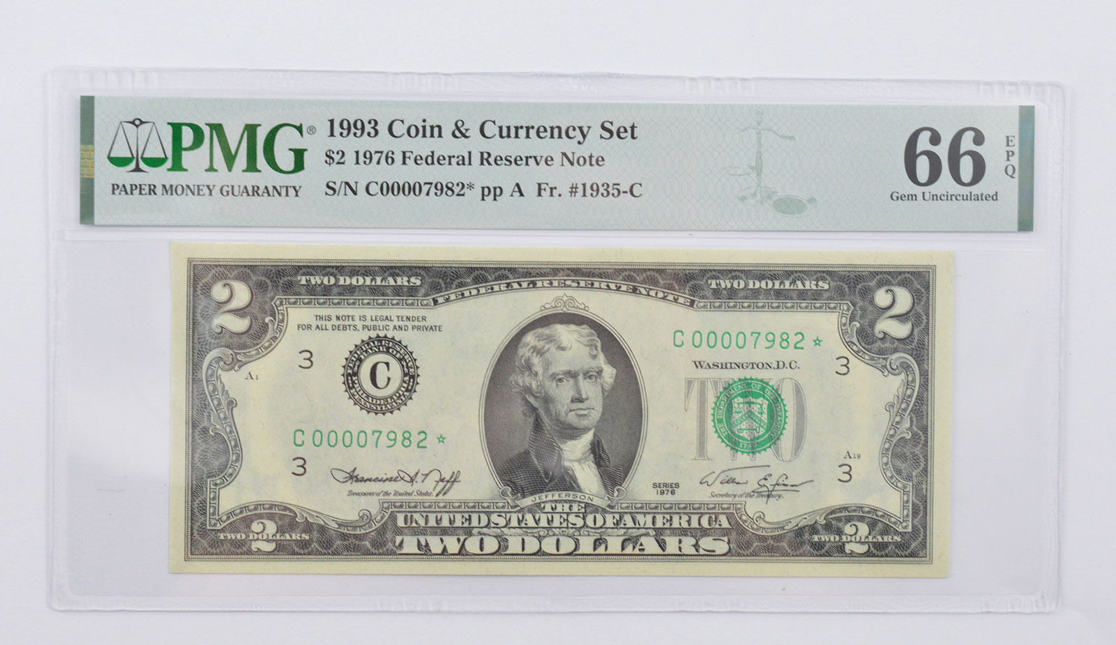 1976 $2 Federal Reserve Note FR# 1935-C* 1993 Coin & Currency Set PMG ...