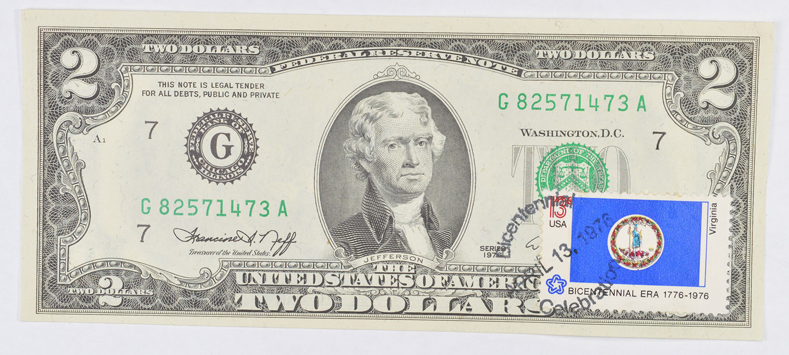 1976 $2.00 Green Seal Note & Stamp - US Currency - Neat! | Property Room