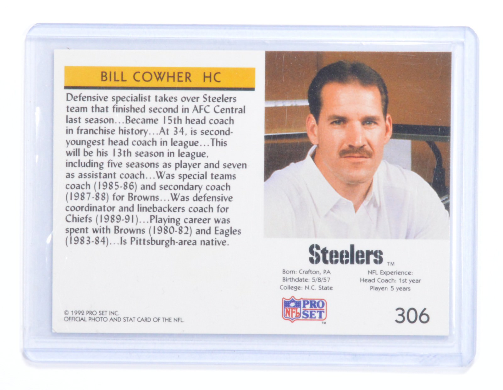 1992 NFL Pro Set Bill Cowher #306 - SIGNED | Property Room