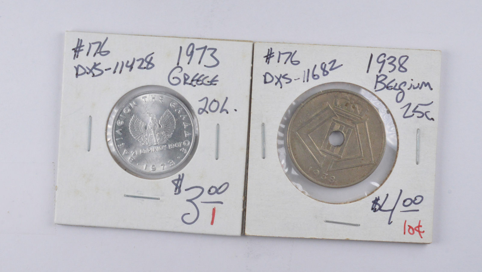 2 Better World Coins 1973 Greece 20 Lepta 1938 Belgium 25 Centimes ...