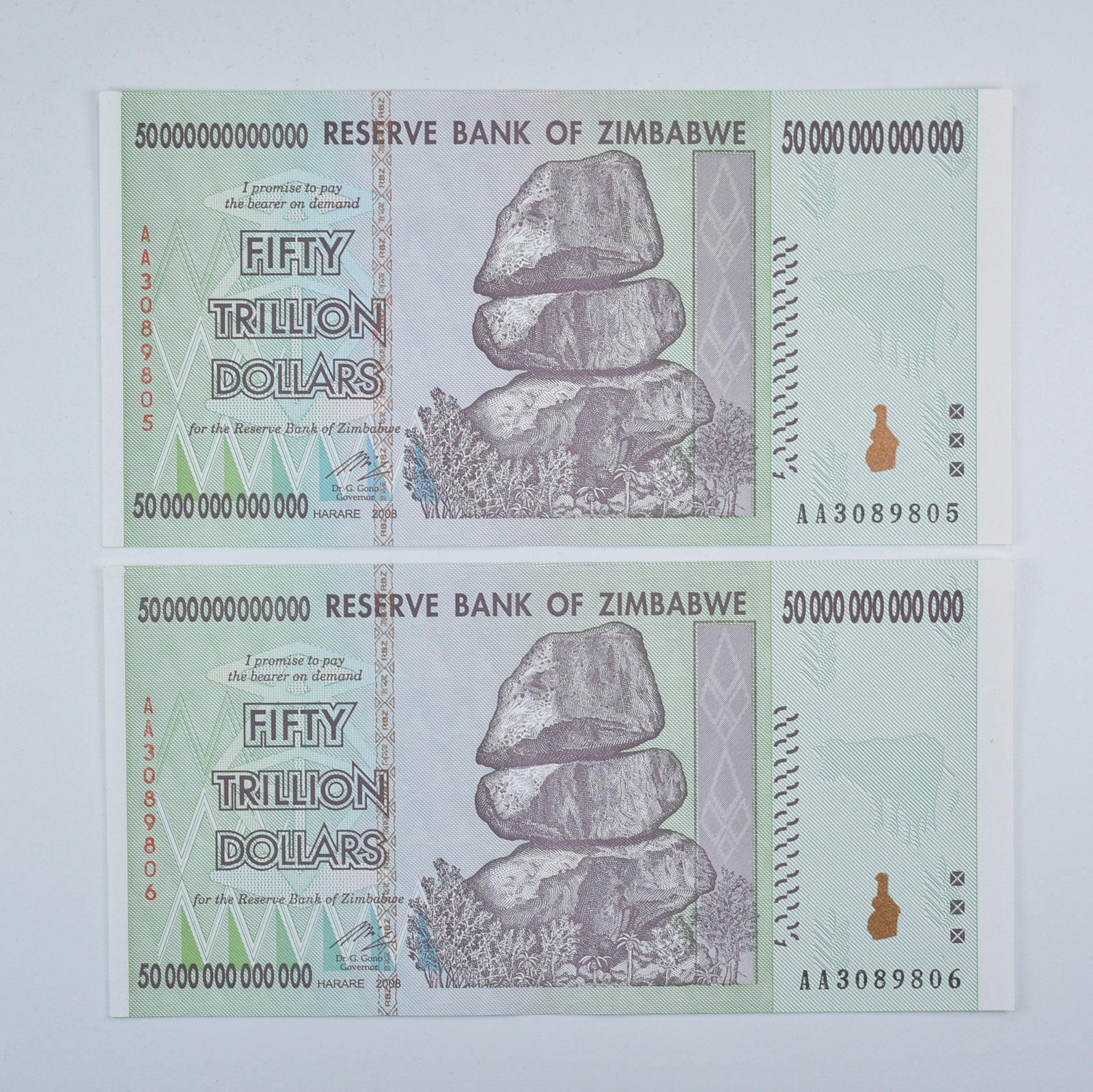 2 Consecutive 50 TRILLION Dollar - Zimbabwe - Uncirculated Notes - 2008 ...