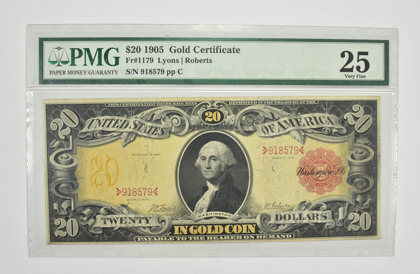 $20 1905 U.S. Gold Certificate Large Note - Graded PMG - 25 Very Fine ...