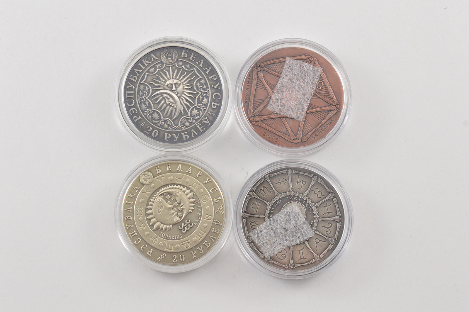 2009 & 2015 Belarus 20 Rubles .925 Silver Coin & (2) Memento Mori Skull ...